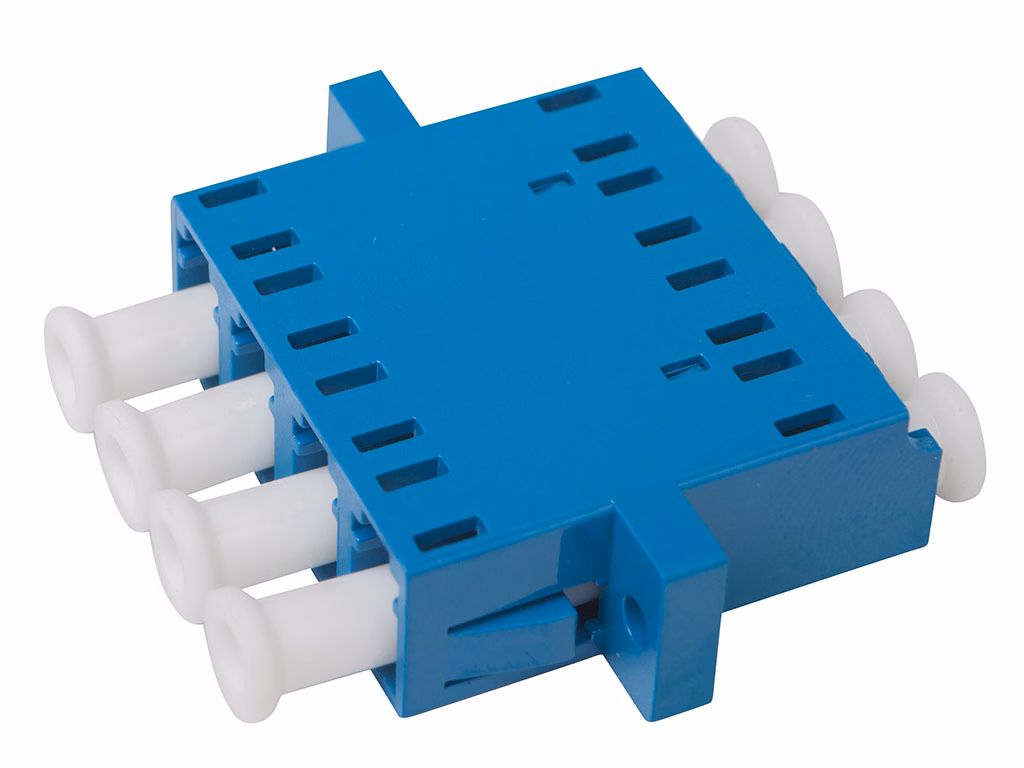 LC/UPC One Body Adapter, Quad, Singlemode, Blue Body, Ceramic Alignment Sleeve, Small Flange, Snap Mount, Plastic Clip