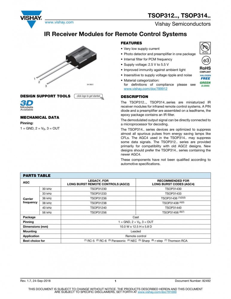 TSOP31438 datasheet page 1