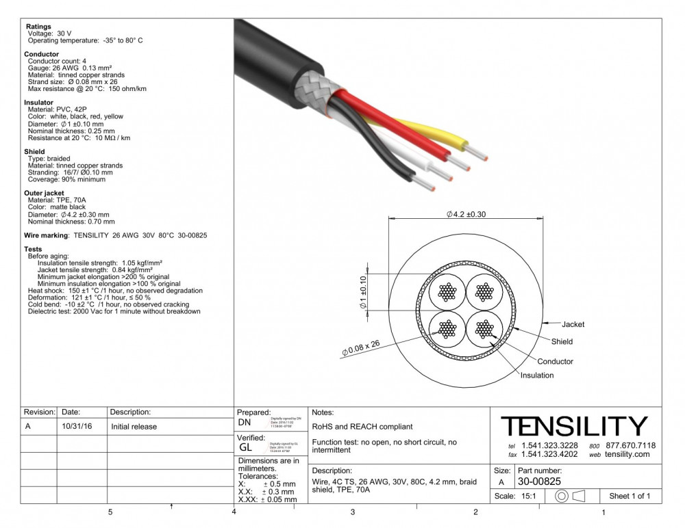 Tensility International 30-00825 cable specification drawing