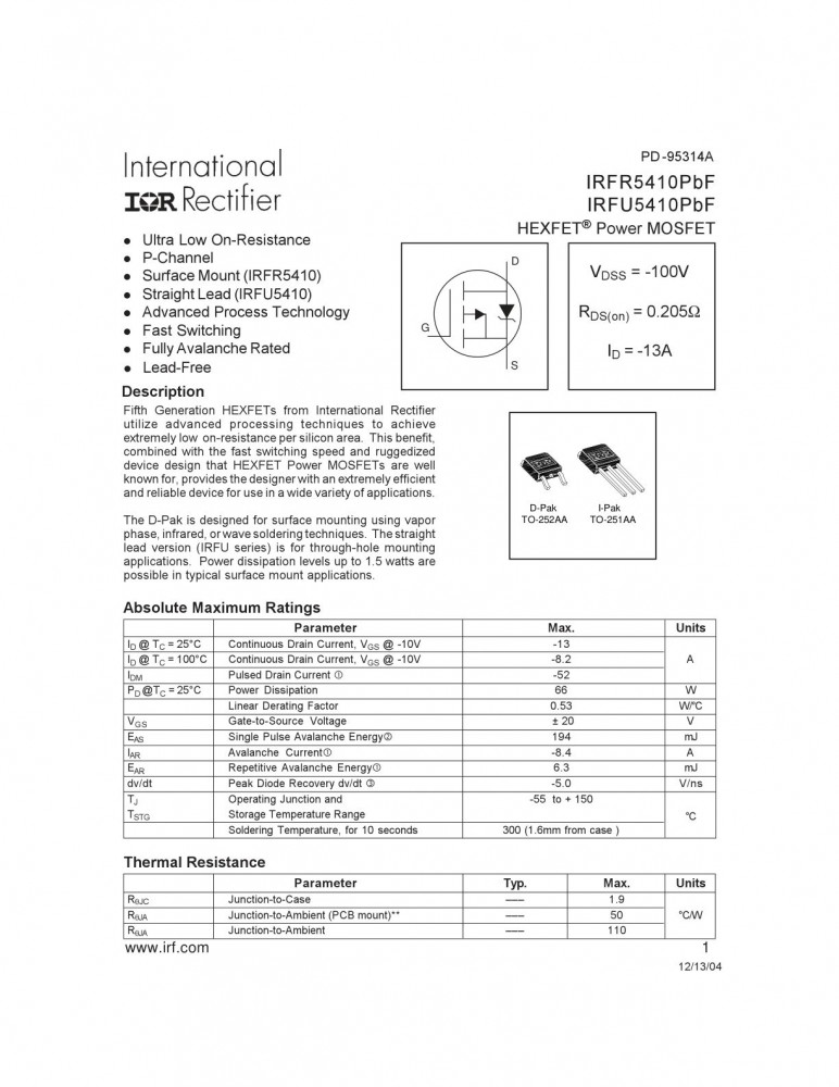 IRFR5410TRPBF datasheet page 1