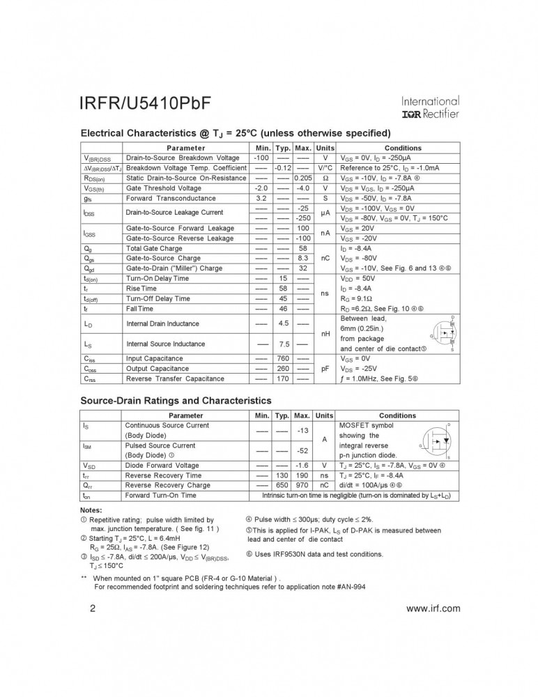 IRFR5410TRPBF datasheet page 2