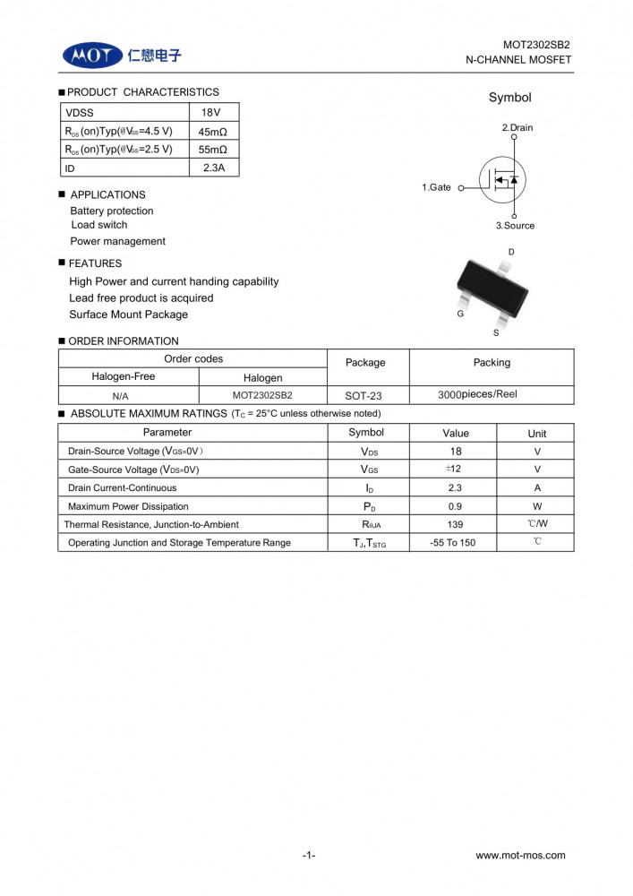 MOT2302SB2 datasheet page 1
