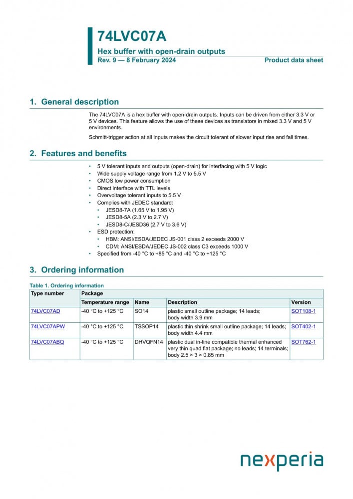74LVC07A datasheet page 1