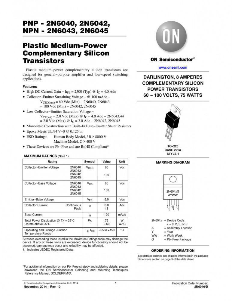 2N6043 technical document page 1