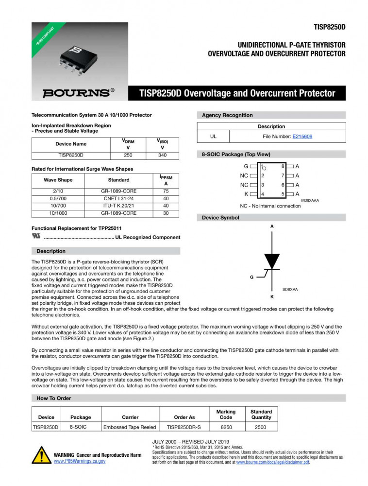 TISP8250D datasheet page 1