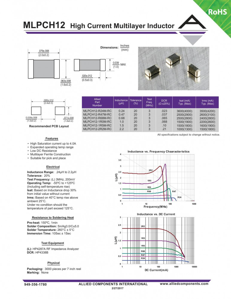 MLPCH12 high current multilayer inductor datasheet page