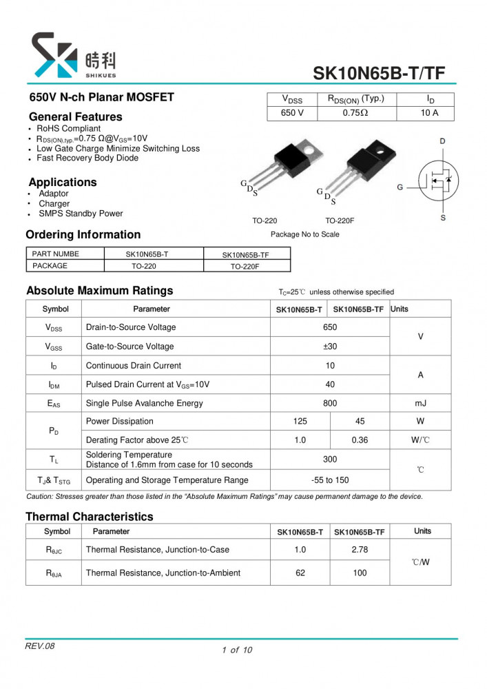 SK10N65B-TF datasheet page 1