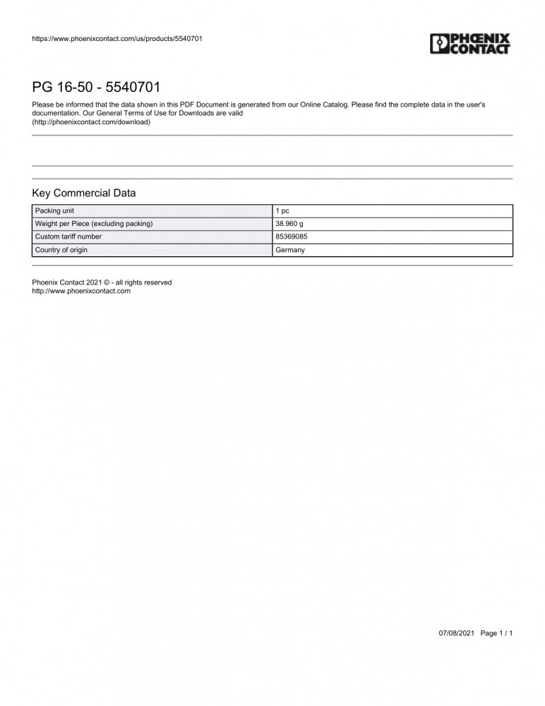 Phoenix Contact PG 16-50 5540701 technical document preview