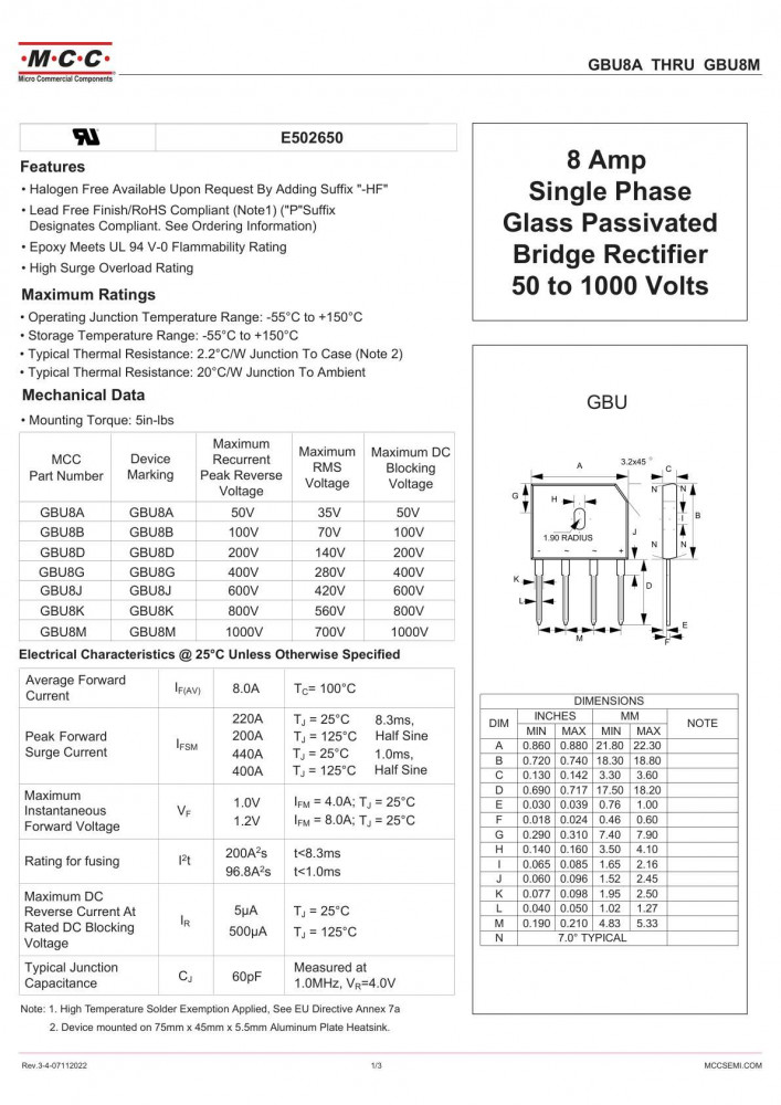 MCC GBU8J-BP datasheet page 1