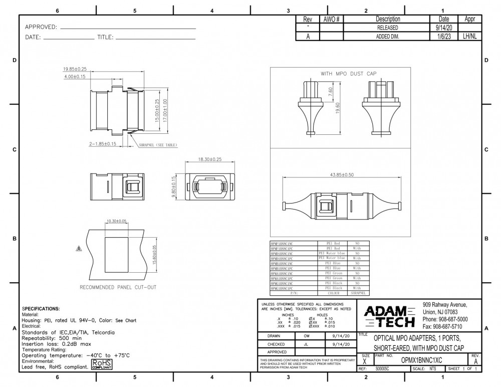 ADAM TECH optical MPO adapter drawing reference