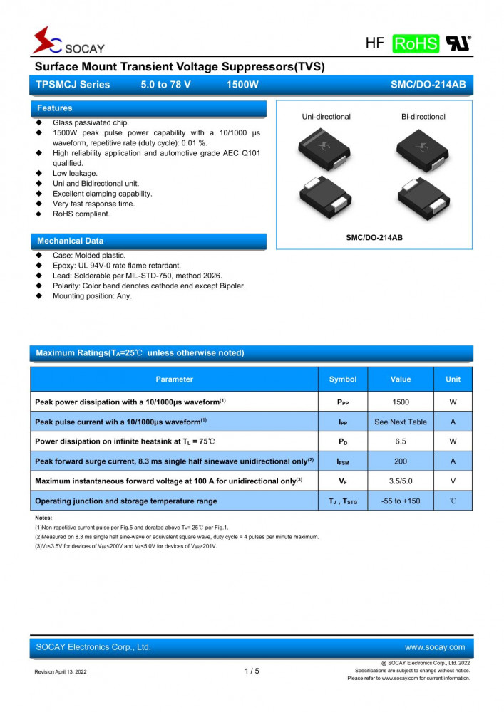SOCAY TPSMCJ series datasheet page 1