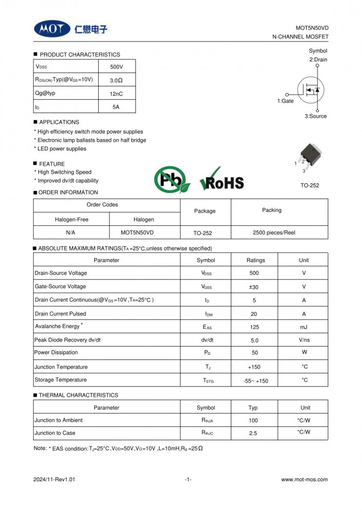 MOT5N50VD datasheet page 1