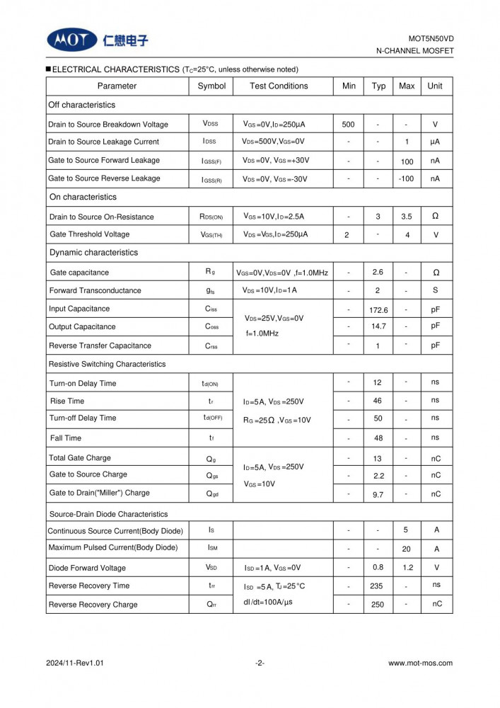 MOT5N50VD datasheet page 2