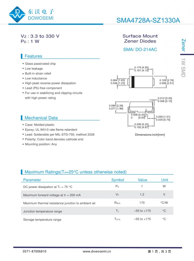 SMA4728A datasheet page 1