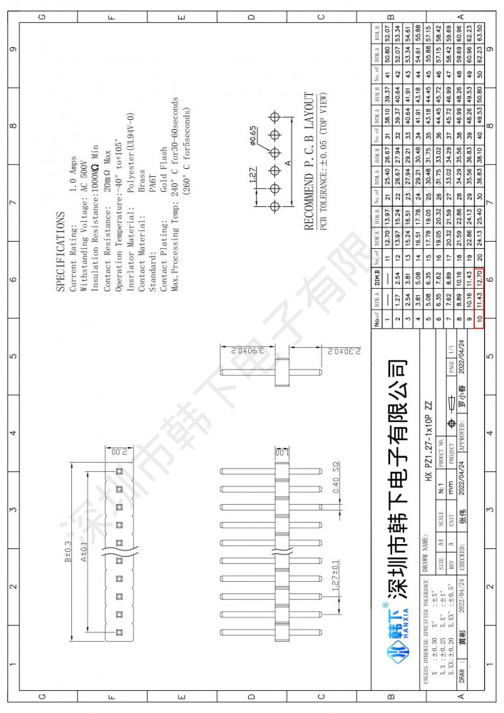 HX PZ1.27-1x10P ZZ specification page 1
