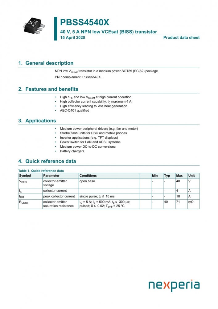 PBSS4540X datasheet page 1