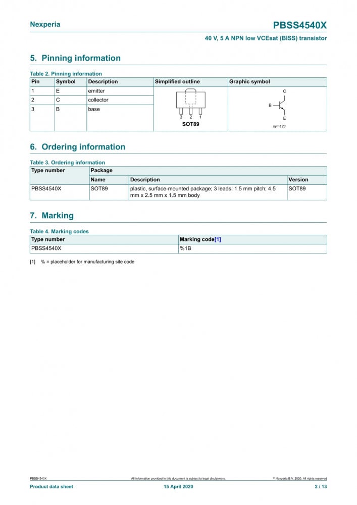 PBSS4540X datasheet page 2