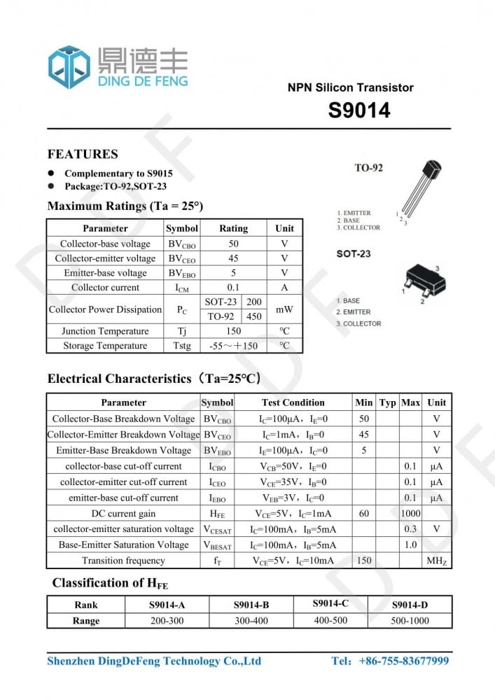 DDF S9014-TO-92 technical document page