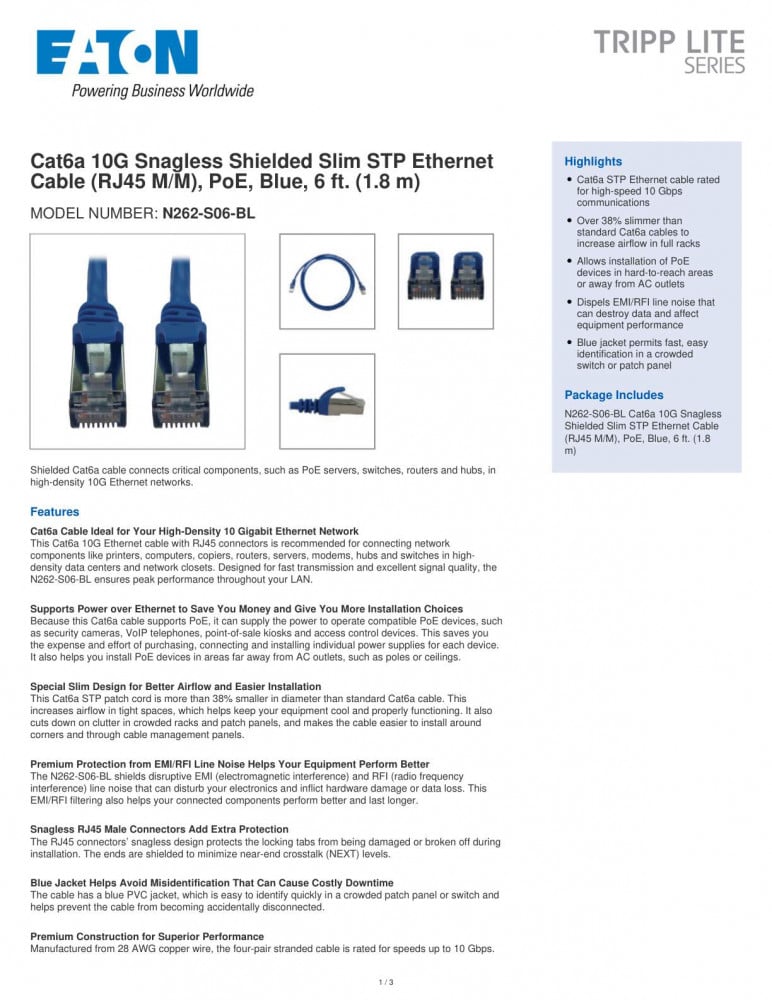 EATON N262-S06-BL technical document page 1