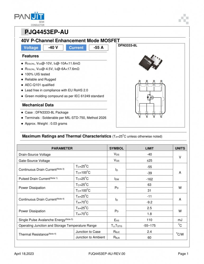 PJQ4453EP-AU datasheet page 1
