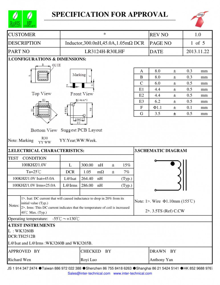LR3124H-R30LHF specification page 1: configuration and dimensions