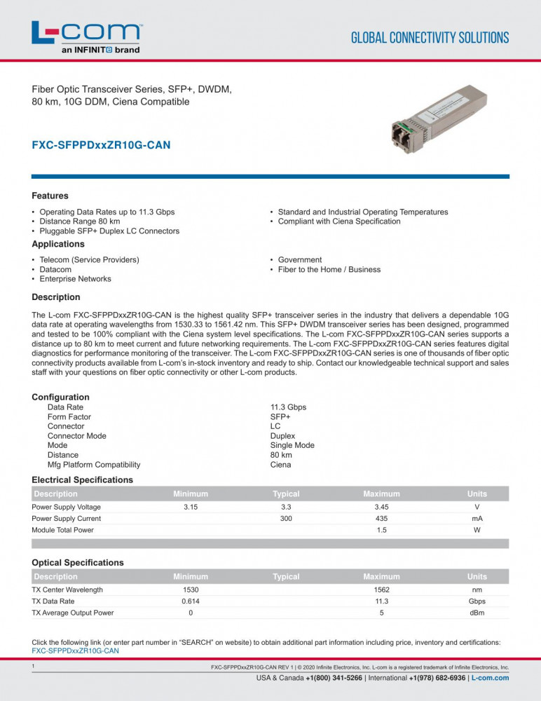 FXC-SFPPD59ZR10G-CAN datasheet page 1