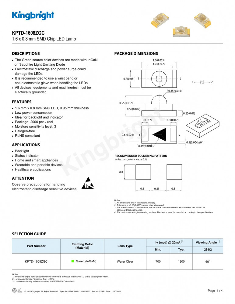 KPTD-1608ZGC datasheet page 1