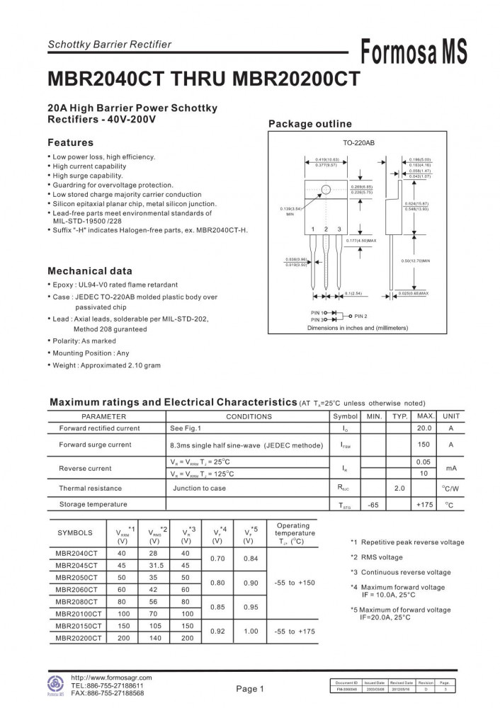 MBR20100CT datasheet page 1