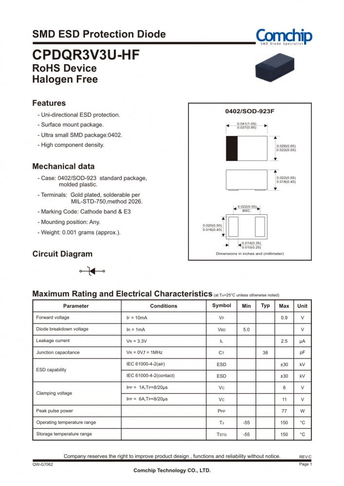 CPDQR3V3U-HF datasheet page 1