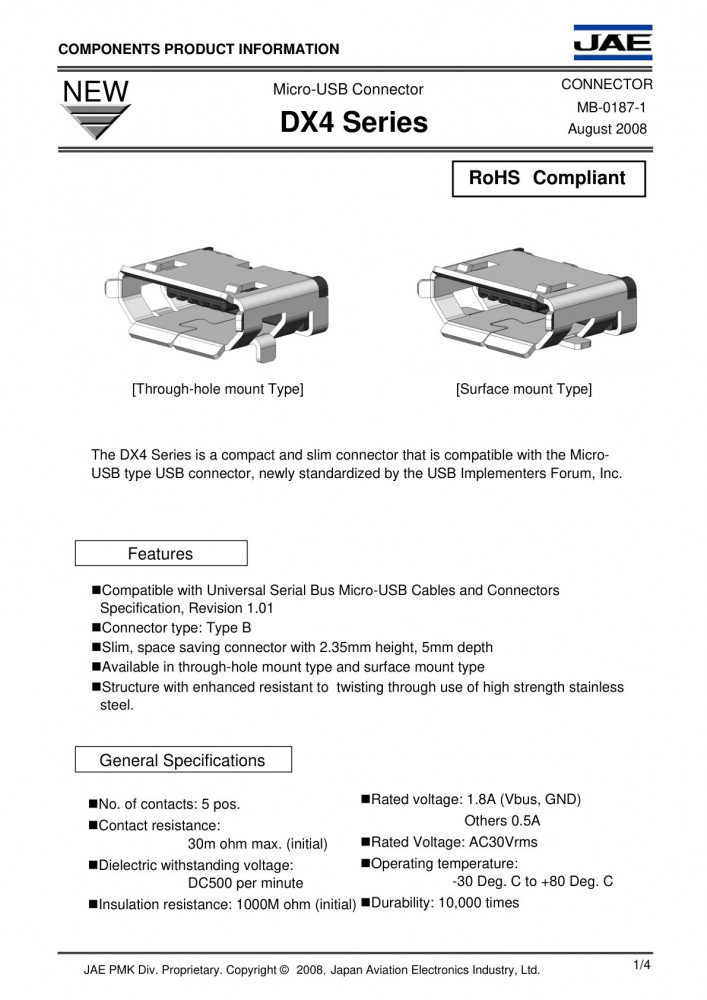 JAE DX4 Series technical document page 1