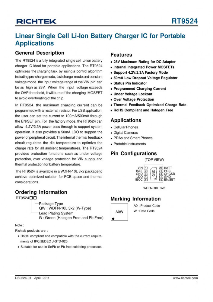 RT9524 datasheet page 1