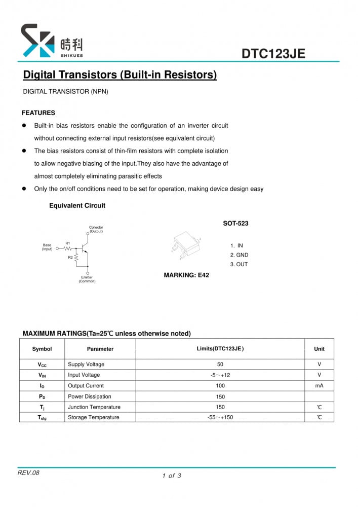 DTC123JE datasheet page 1