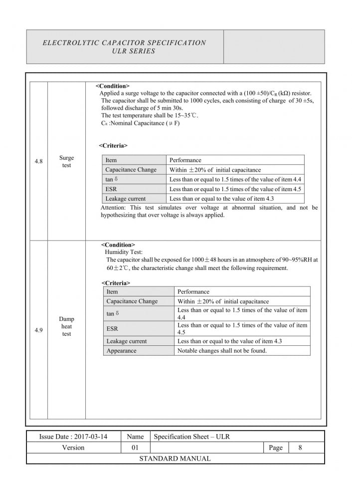 ULR series specification, page 9