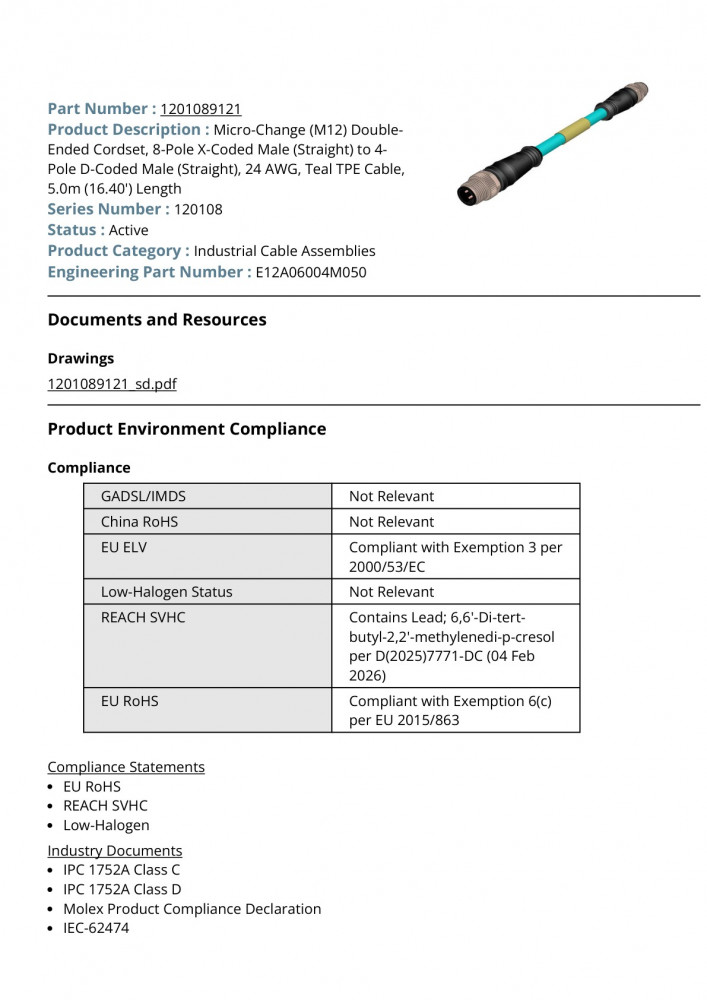 MOLEX 1201089121 product drawing, page 1