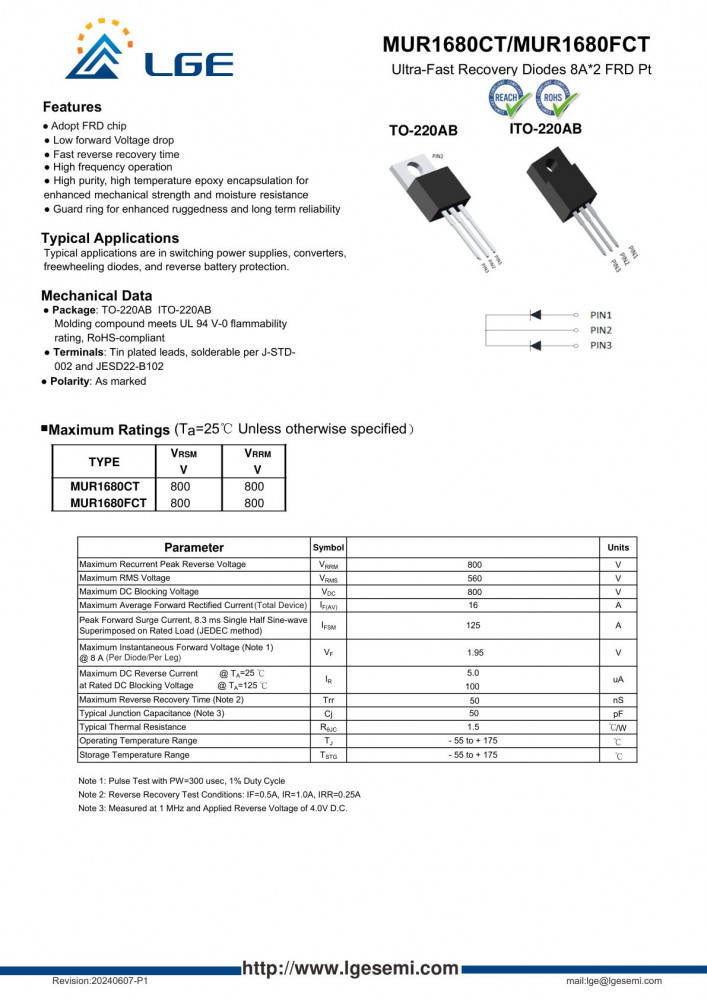 MUR1680CT datasheet page 1