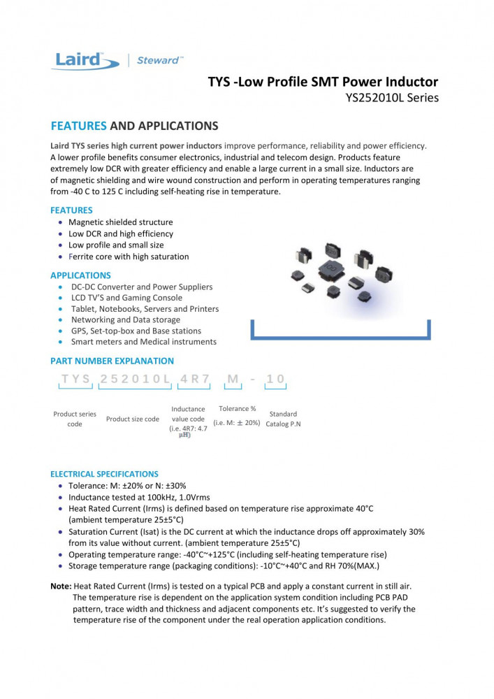 Laird TYS252010L1R5N-10 datasheet page 1