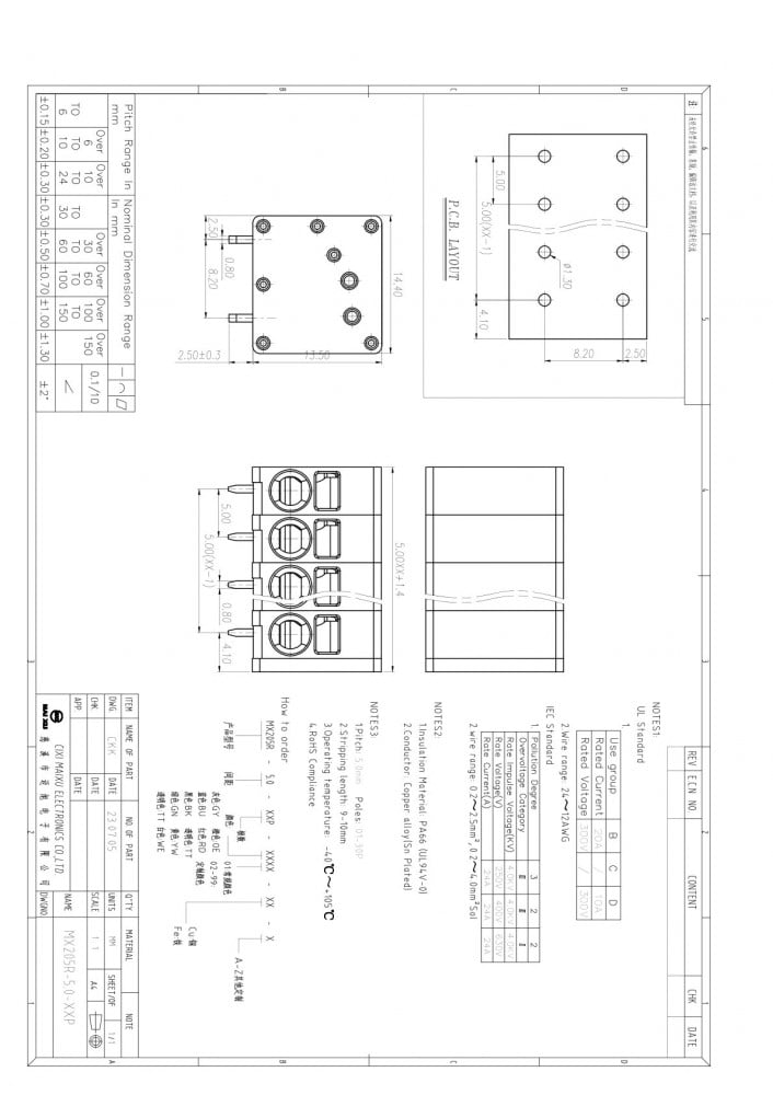 MX205R-5.0 terminal block technical drawing