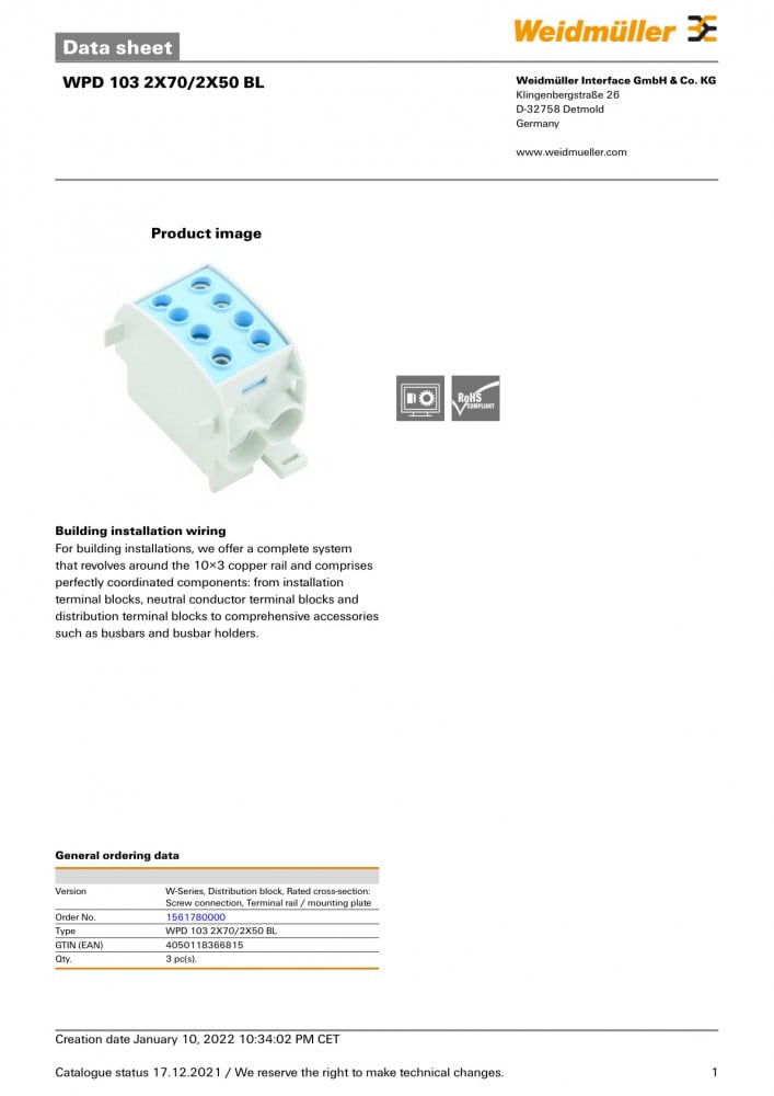 WPD 103 2X70/2X50 BL product documentation page 1