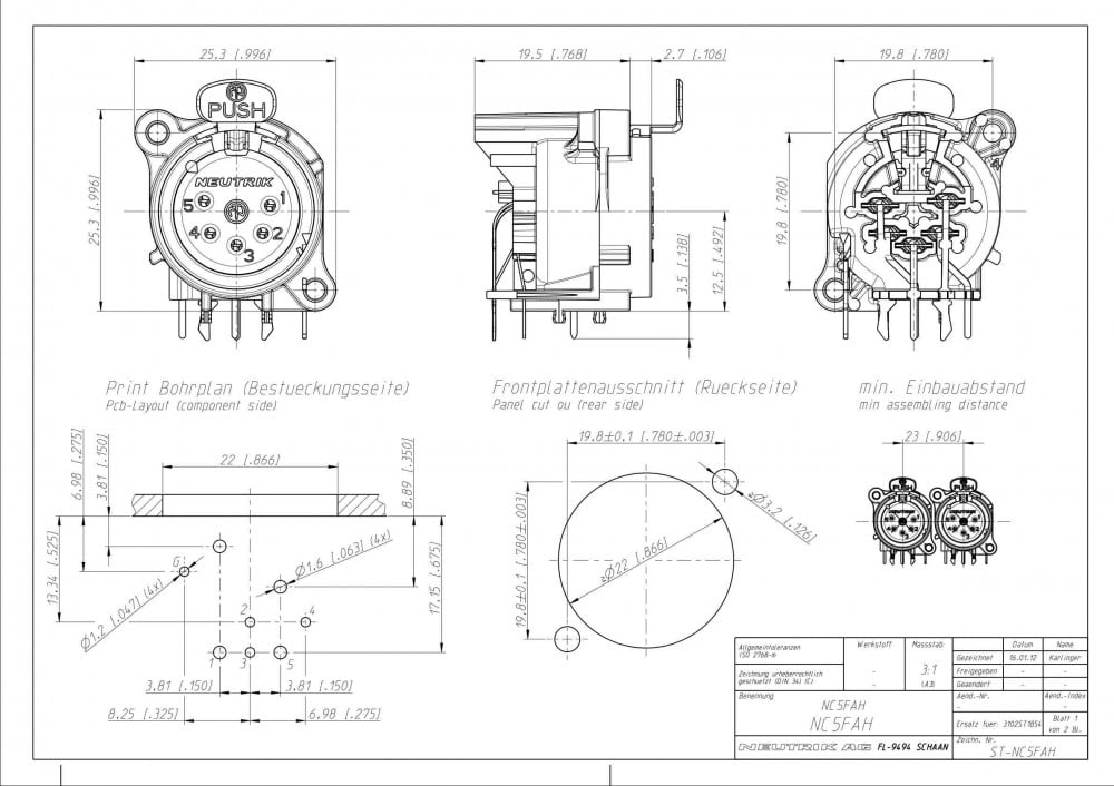 Neutrik NC5FAH mechanical drawing