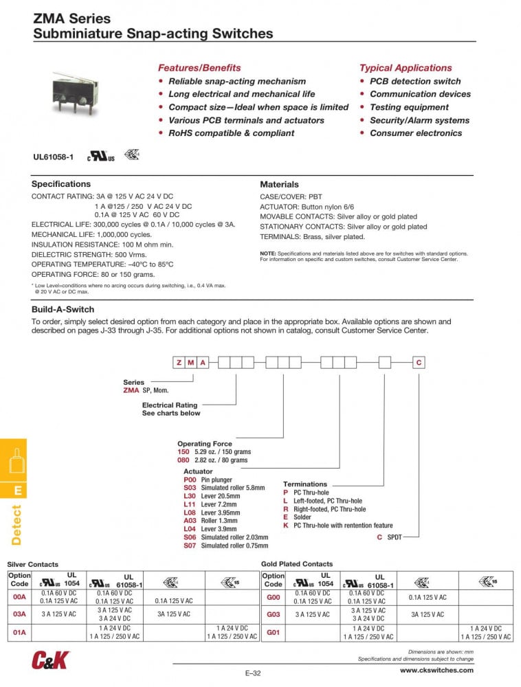 C&K ZMA series datasheet page 1