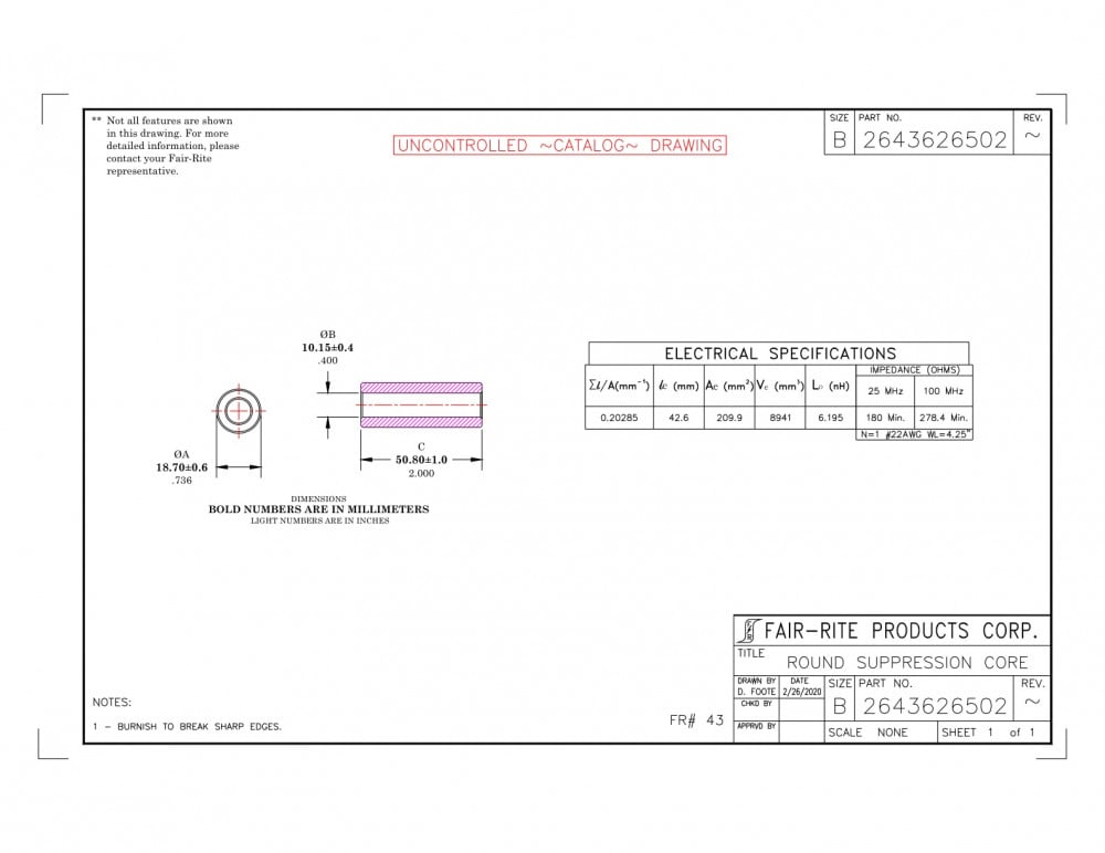 Fair-Rite 2643626502 technical document preview