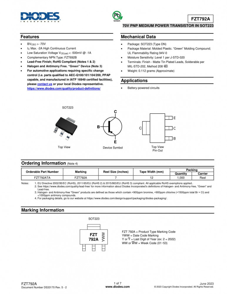 FZT792ATA datasheet preview, page 1