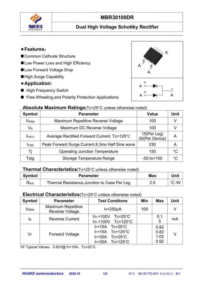 MBR30100DR datasheet page 1