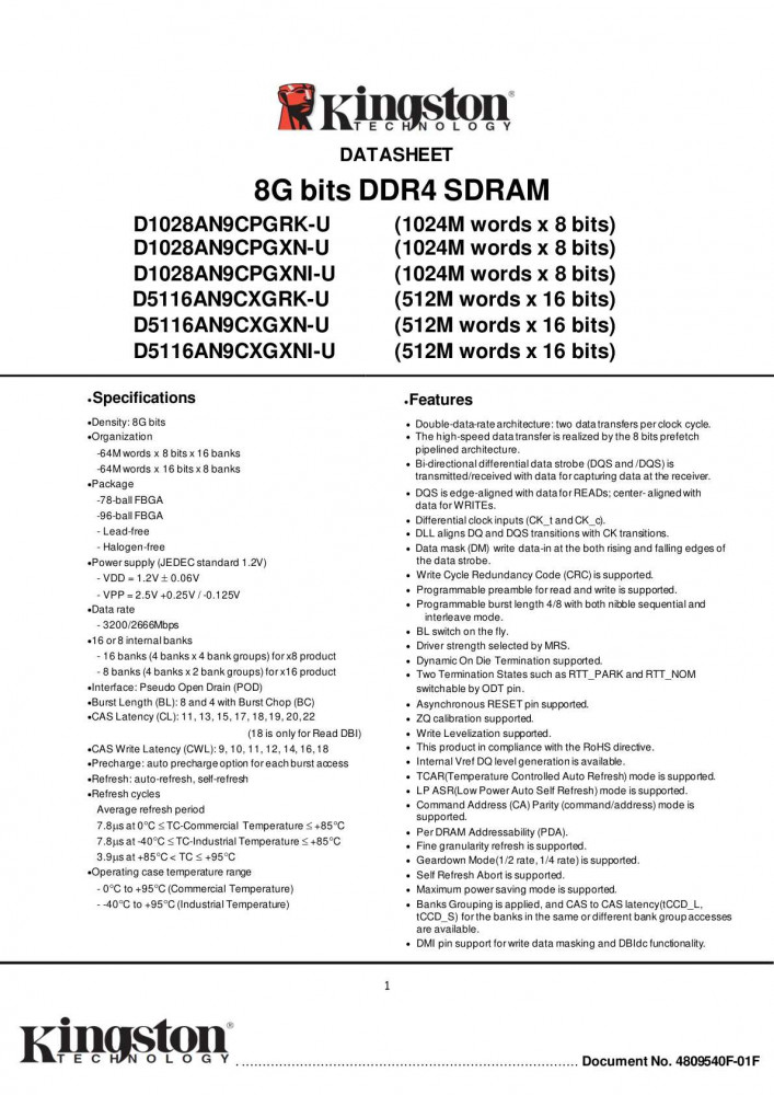 Kingston DDR4 SDRAM datasheet page 1
