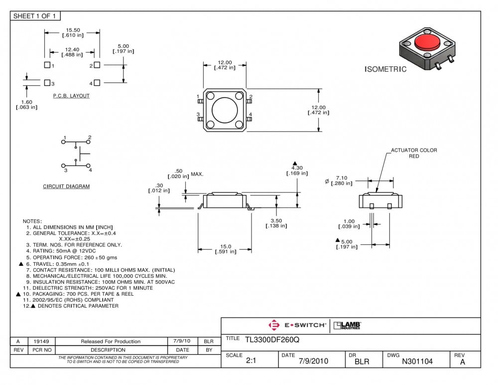 E-Switch TL3300DF260Q technical drawing