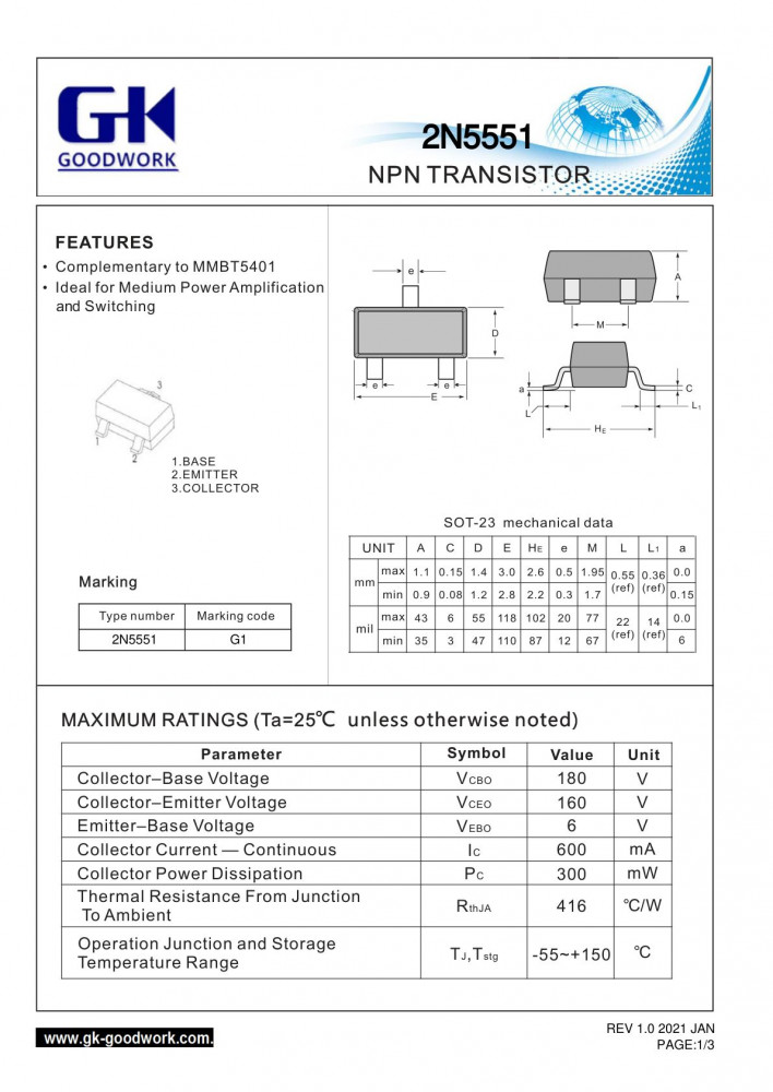 GOODWORK 2N5551 datasheet page 1