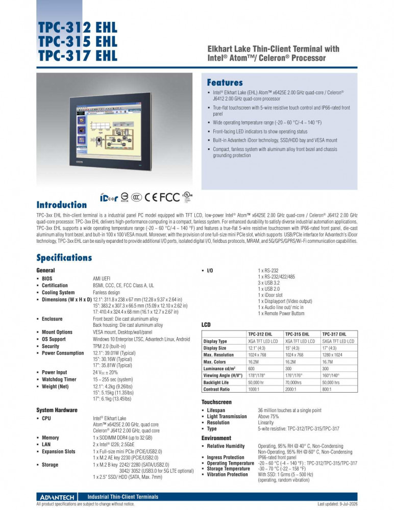 TPC-315 EHL product documentation page 1