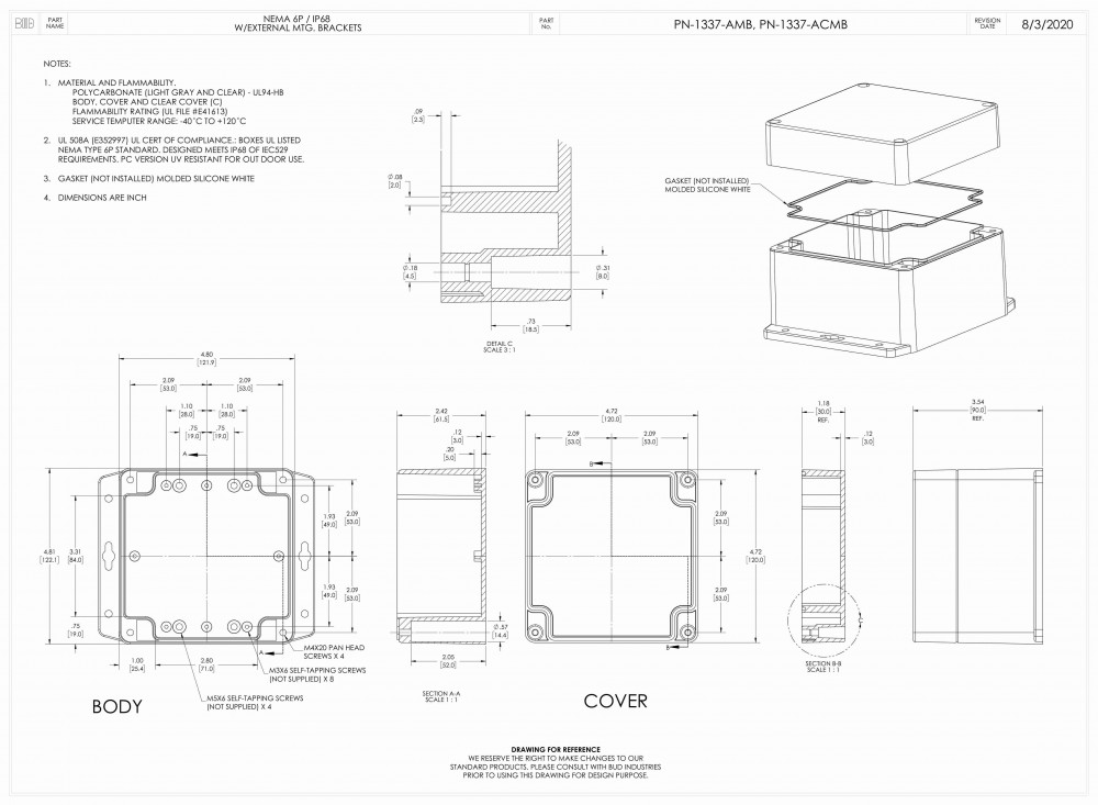 Bud Industries PN-1337-AMB product drawing and technical document image