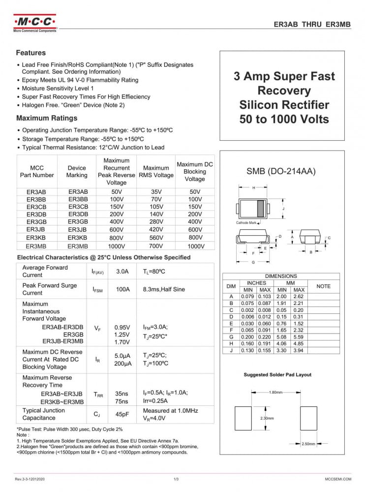 MCC ER3MB-TP datasheet page 1