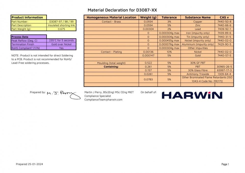 Harwin D3087-98 technical document preview